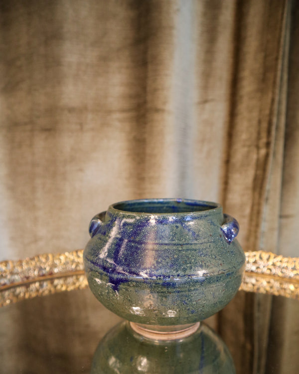 Rustic Blue Ceramic Pot with Handles | Vintage - David Peck